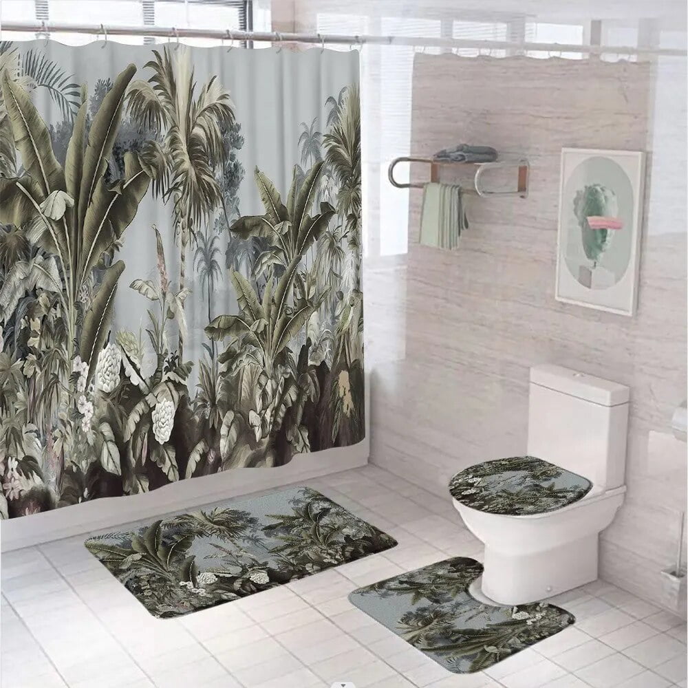 Tropical Palm Tree Bathroom Shower Curtain Set Banana Leaves Plant ...