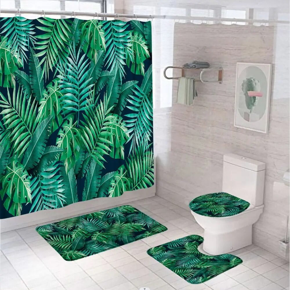 Tropical Palm Tree Bathroom Shower Curtain Set Banana Leaves Plant ...