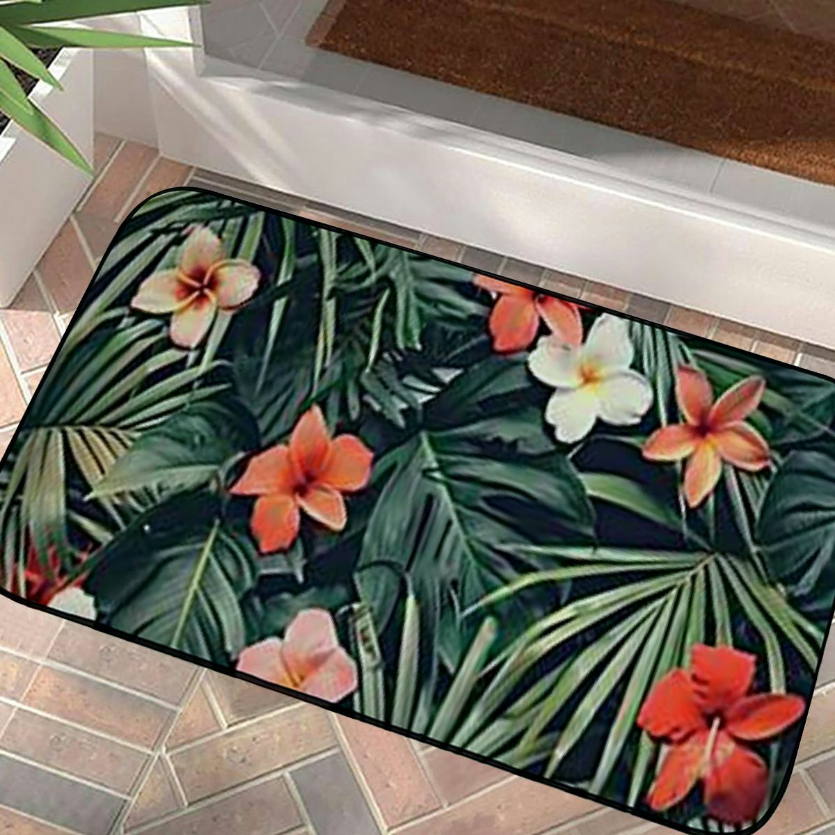 Tropical Palm Tree Leaves Hibiscus Flowers Door Mat Inside Outside Non ...