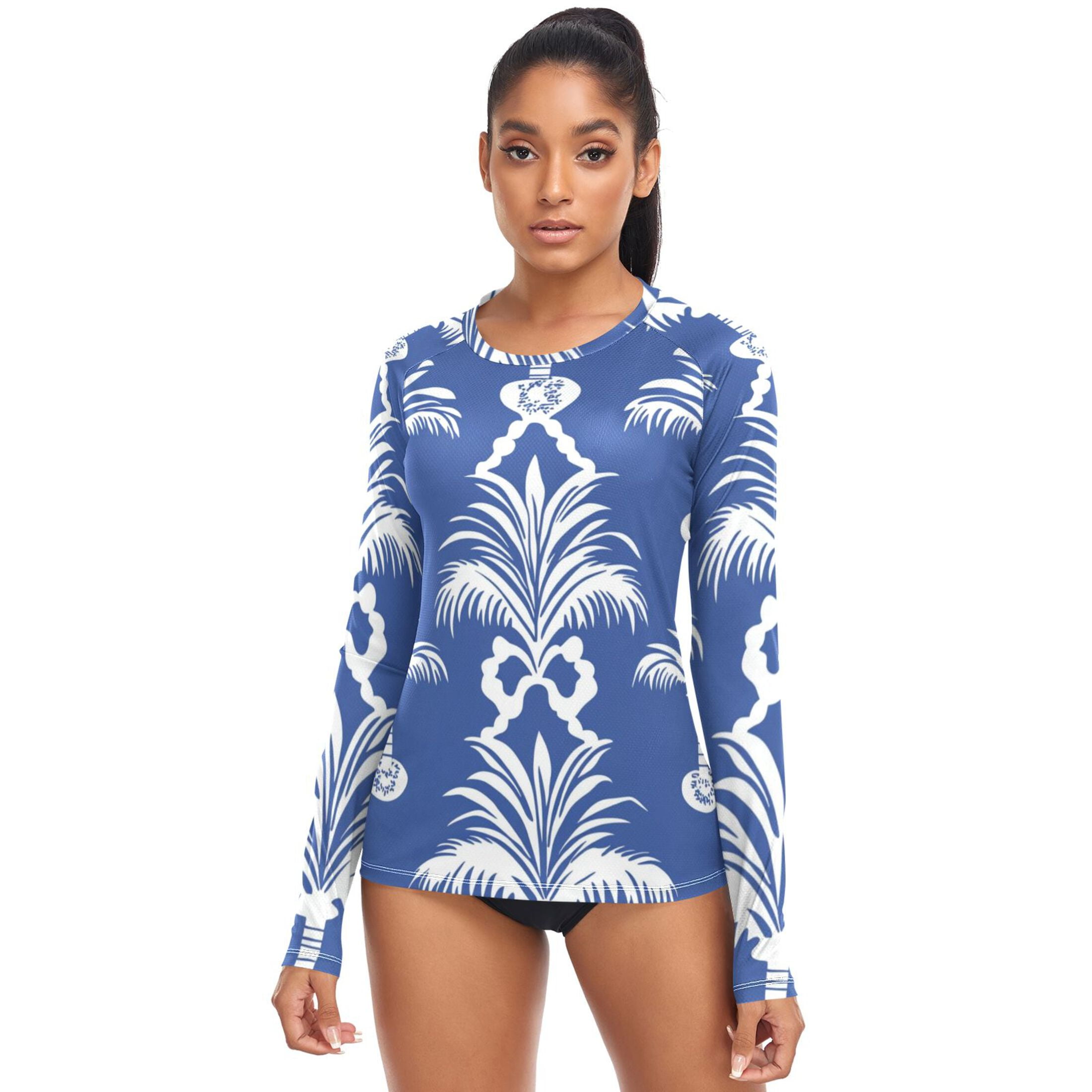 Tropical Palm Tree Pattern in White Women's Rash Guard Shirts UPF 50 ...