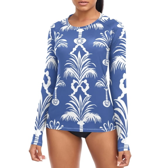 Tropical Palm Tree Pattern in White Women's Rash Guard Shirts UPF 50 ...