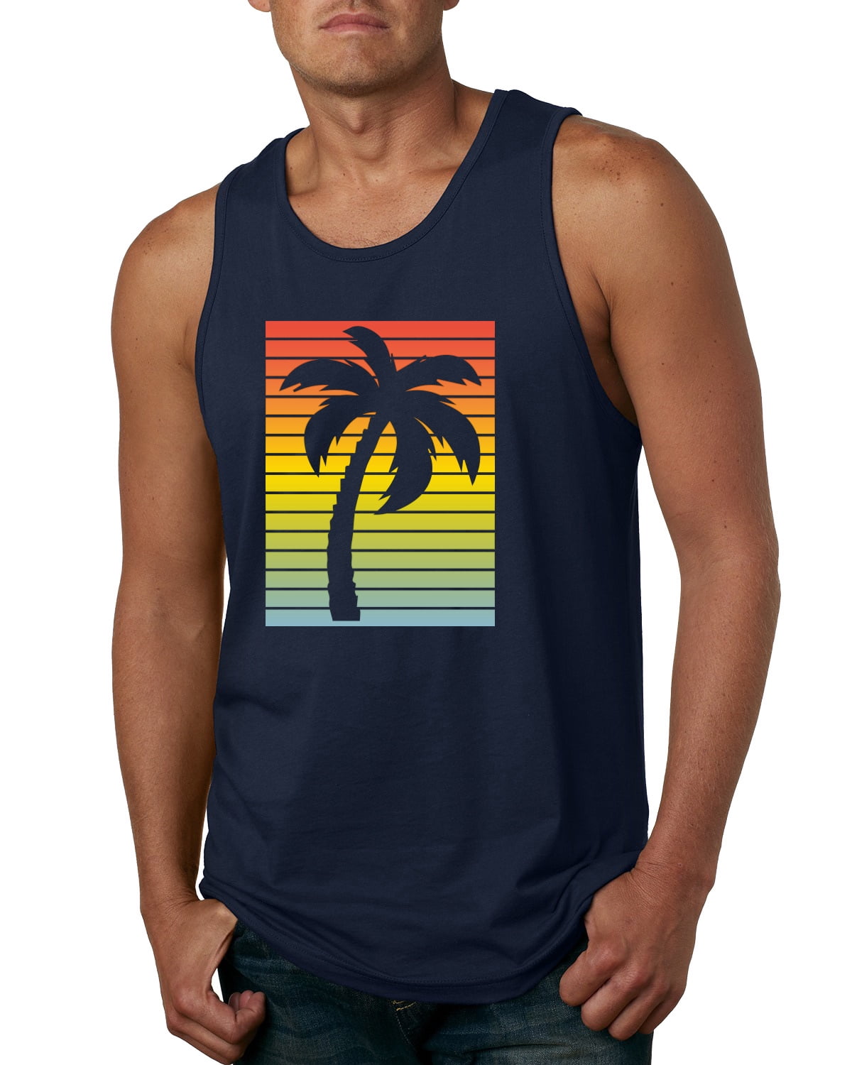 Tropical Palm Tree Silhouette | Mens Pop Culture Graphic Tank Top, Navy ...