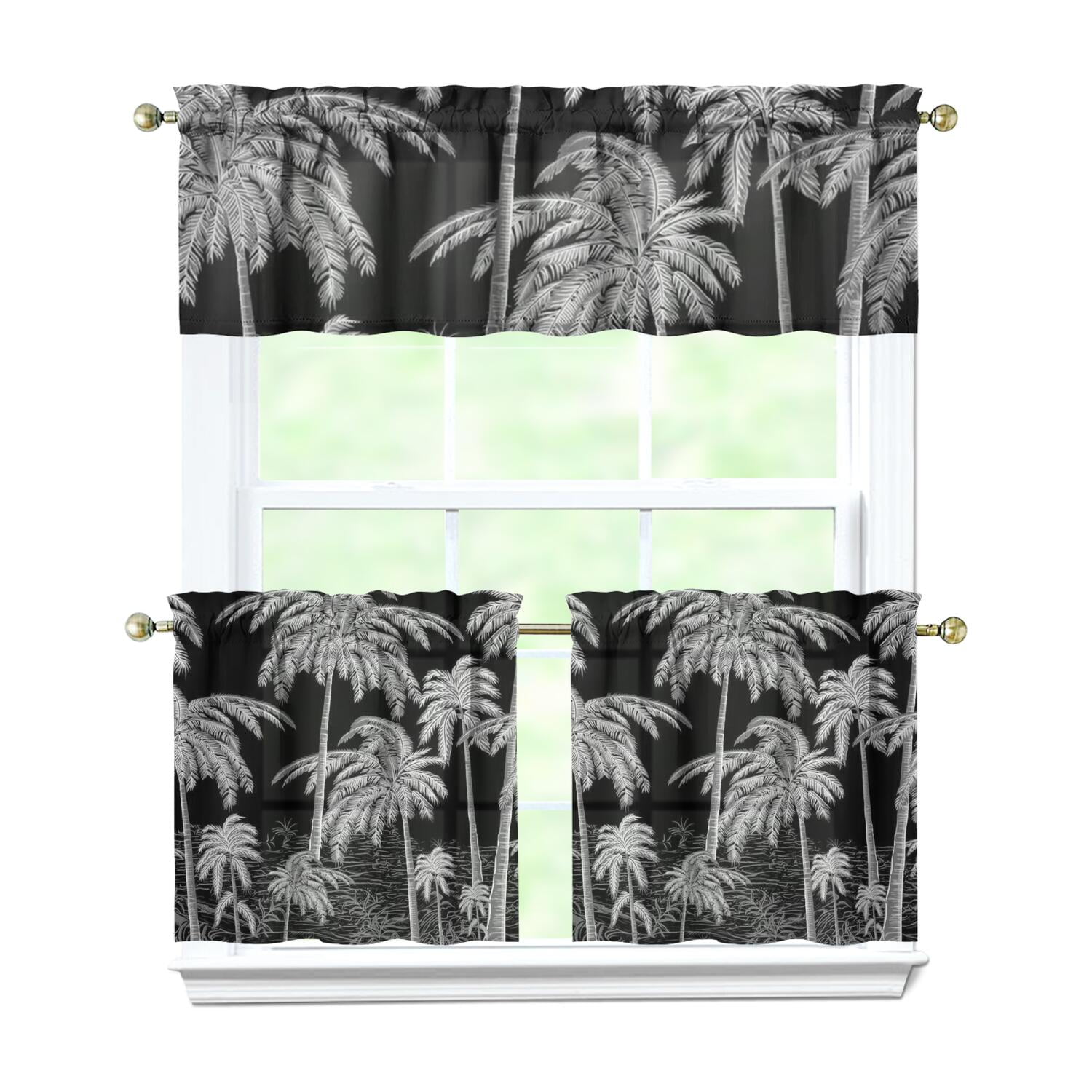 Tropical Palm Trees Kitchen Curtains Set, Ocean Sunset with Palm Trees ...