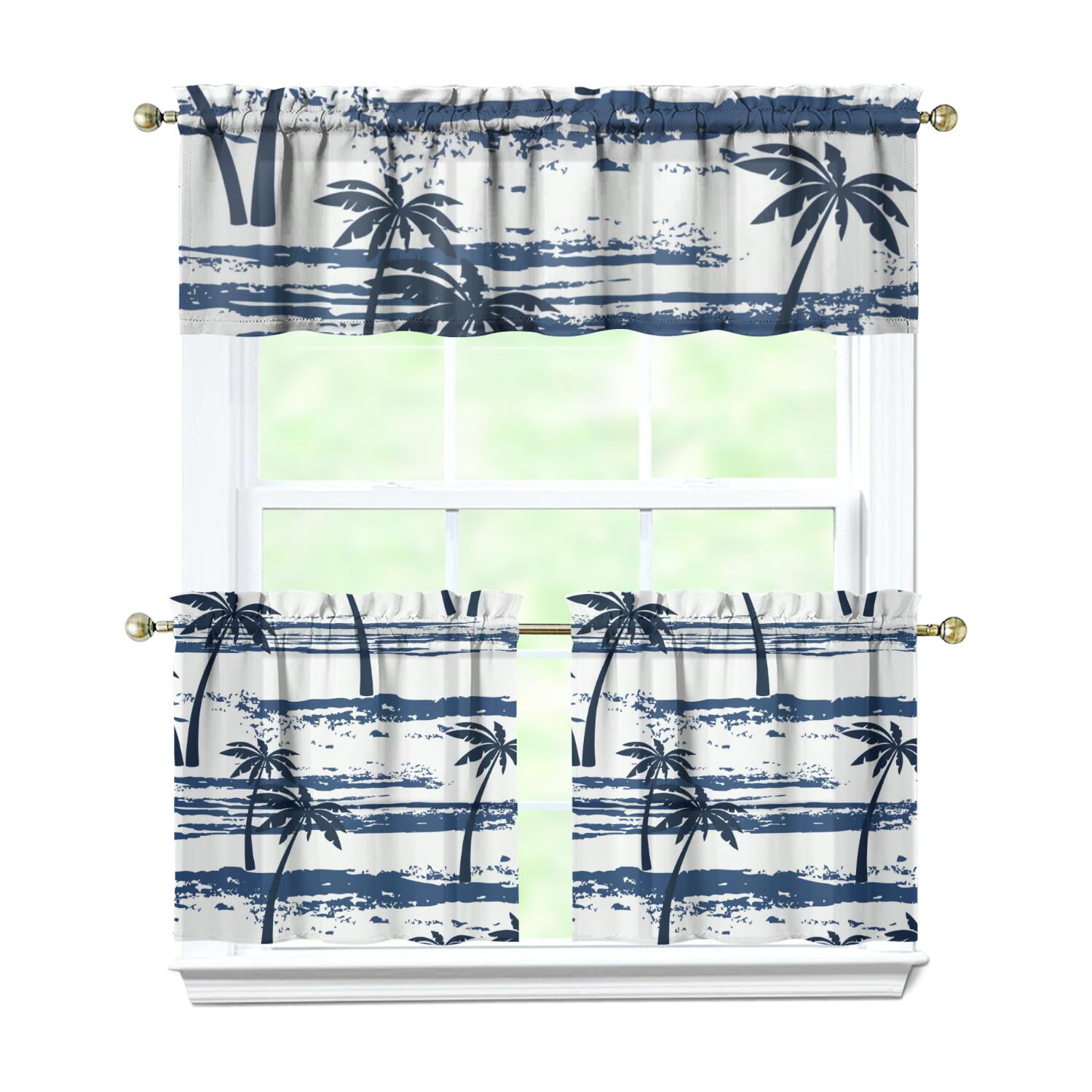 Tropical Palm Trees Kitchen Curtains Set, Ocean Sunset with Palm Trees ...