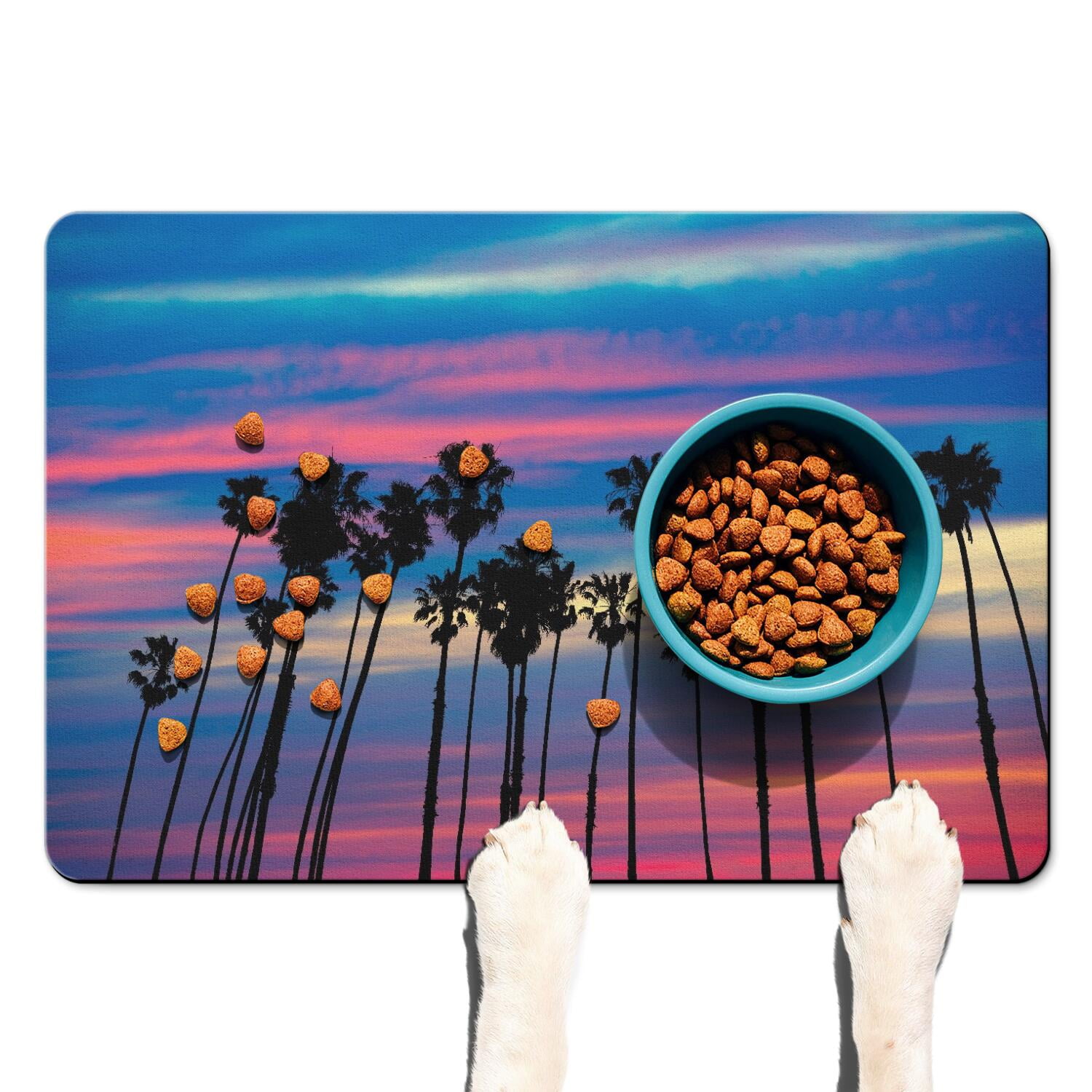Tropical Palm Trees Pet Water Bowl Mat - 4-Layer Absorption - Hawaiian ...