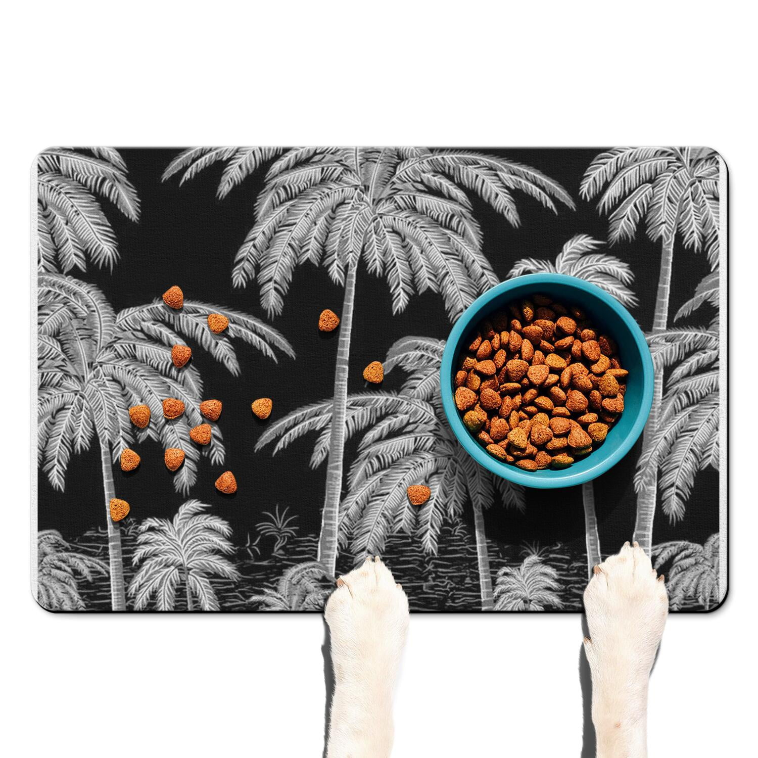 Tropical Palm Trees Pet Water Bowl Mat - 4-Layer Absorption - Hawaiian ...