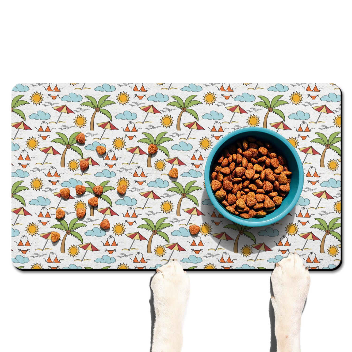 Tropical Palm Trees Pet Water Bowl Mat - 4-Layer Absorption - Hawaiian ...