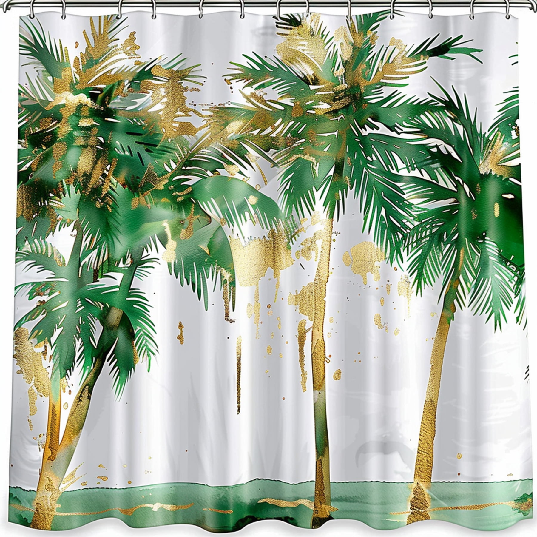 Tropical Palm Trees Shower Curtain Green and Gold Bathroom Decor ...