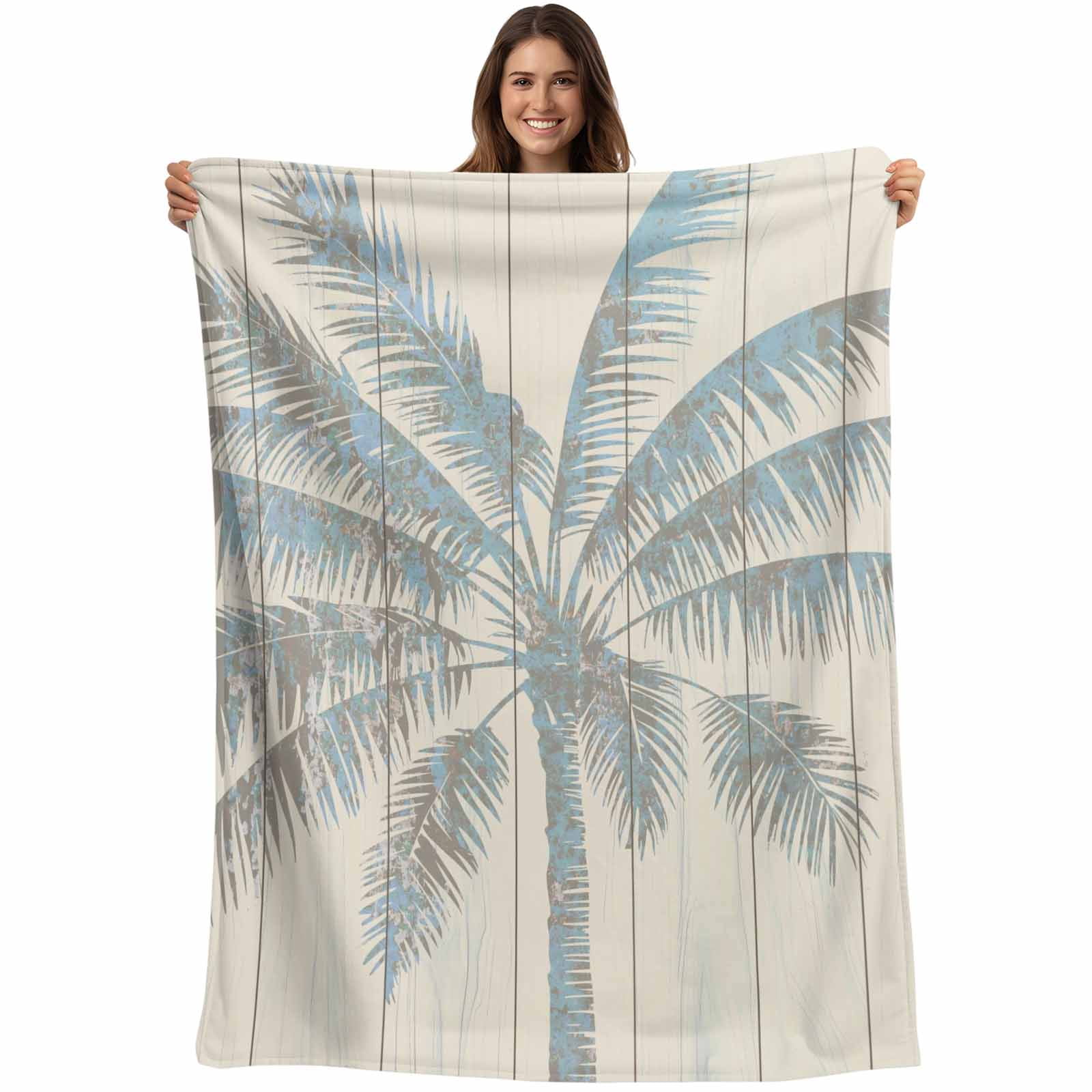 Tropical Palm Trees Throw Blankets, Beige Retro Rustic Wood Textured ...