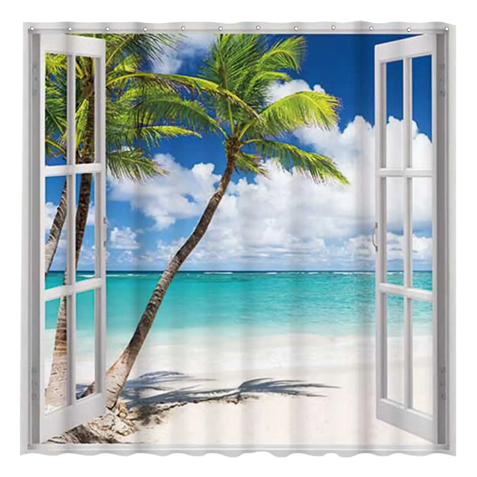 Tropical Palm Trees on Island Ocean Beach Through White Wooden Windows ...