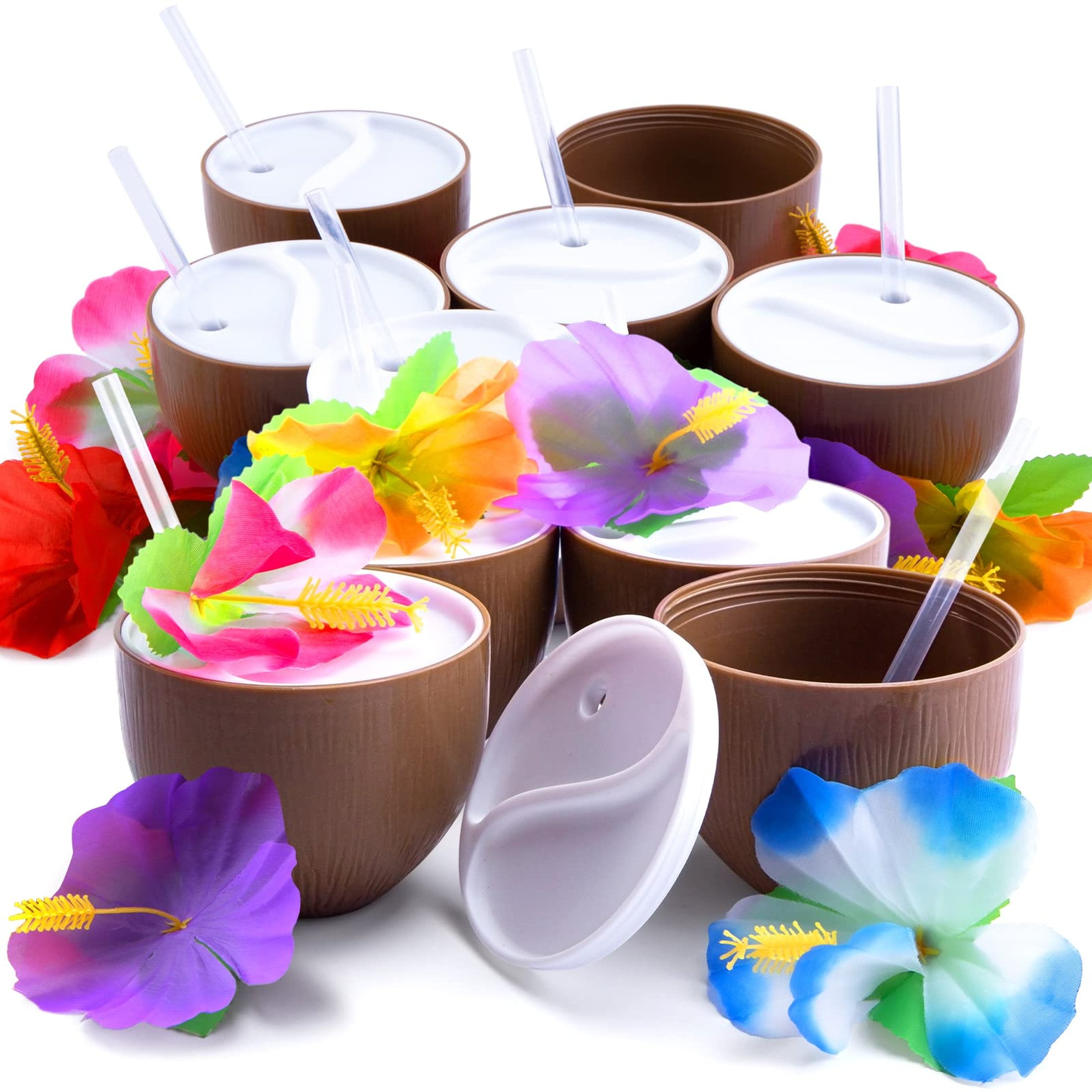 Tropical Paradise Coconut Drink Cups Set with Hibiscus Straws - 10 ...