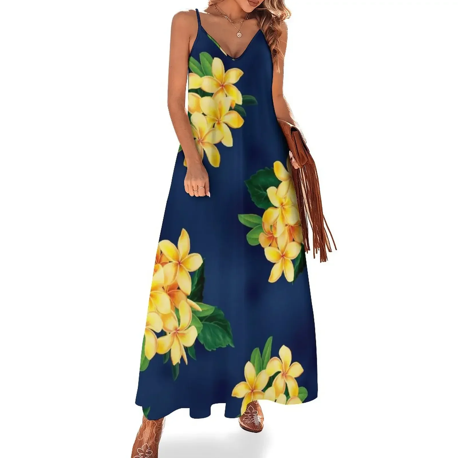 Tropical Paradise Hawaiian Plumeria Illustration Sleeveless Dress ...