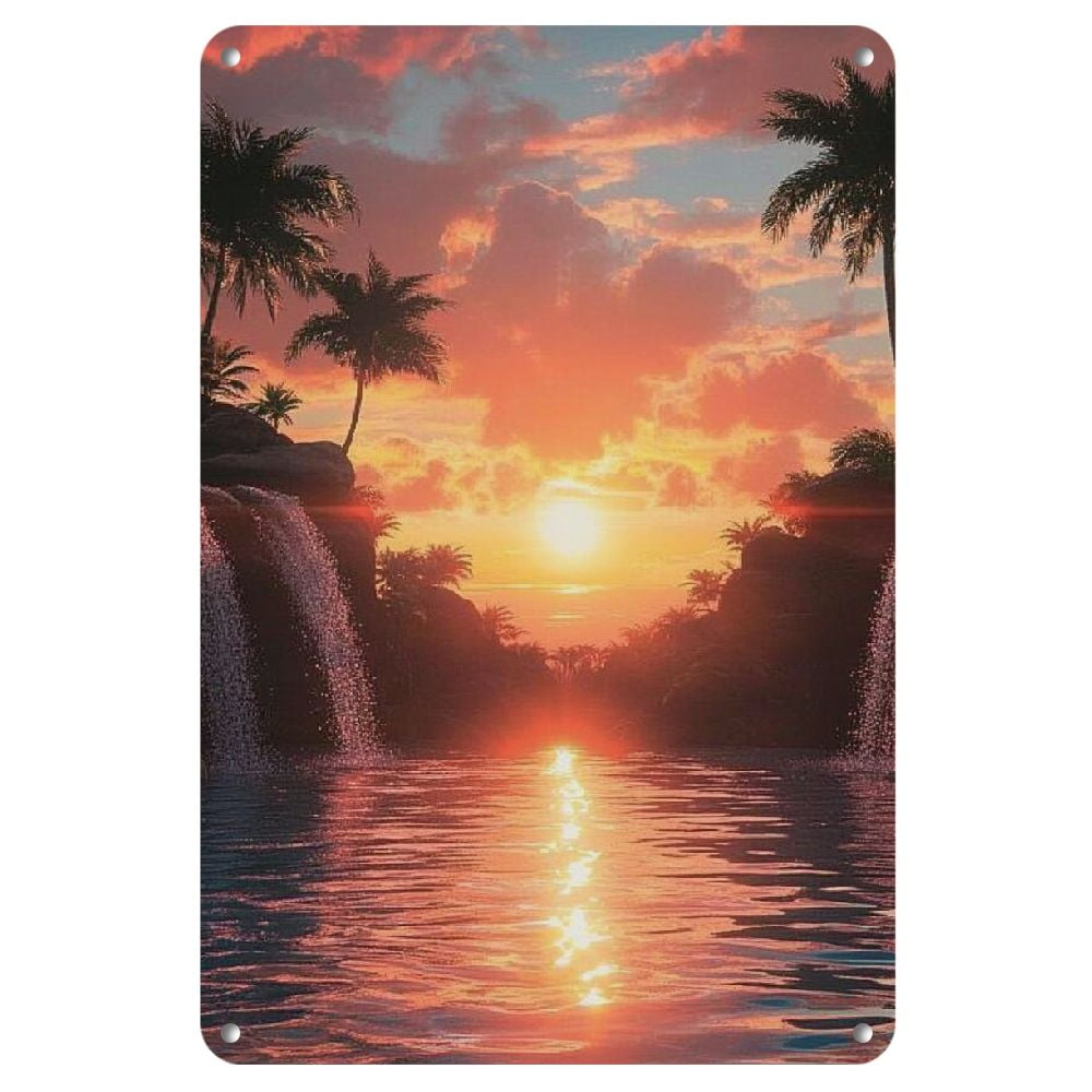 Tropical Paradise Iron Wall Sign - Sunset, Palm Trees & Waterfall ...
