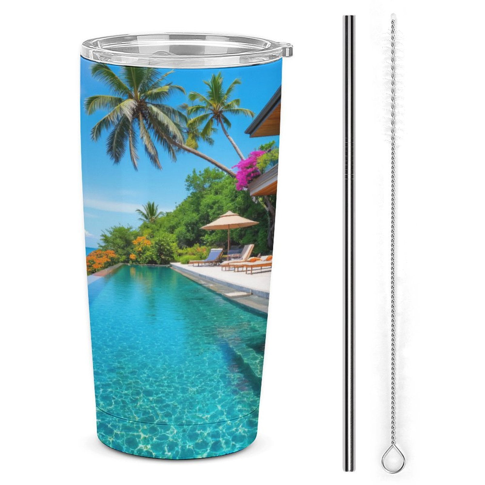 Tropical Paradise Pool Villa Tumbler with Lids And Straws Insulated Cup ...