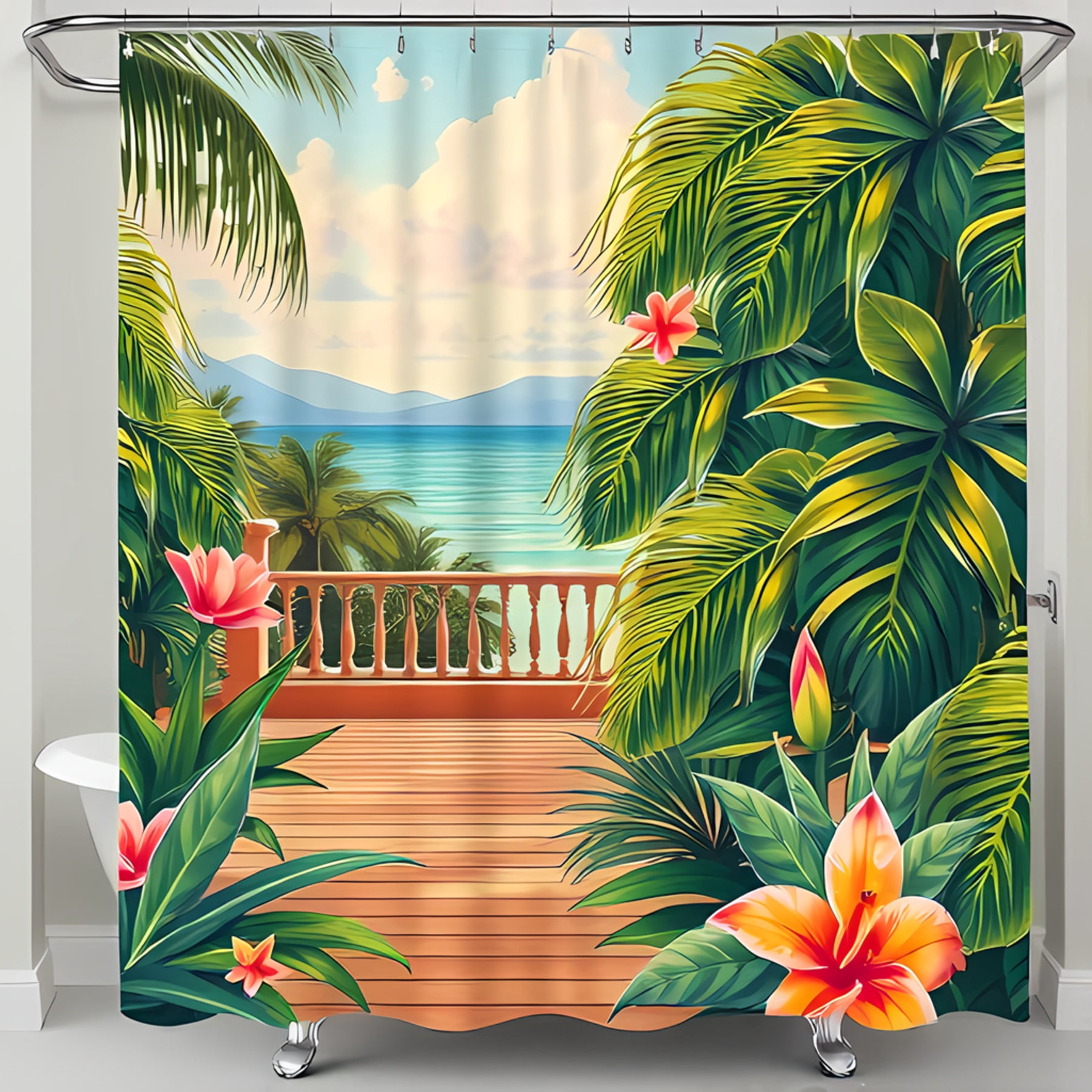 Tropical Paradise Shower Curtain - Fronds & Ocean View Vibrant Colors ...