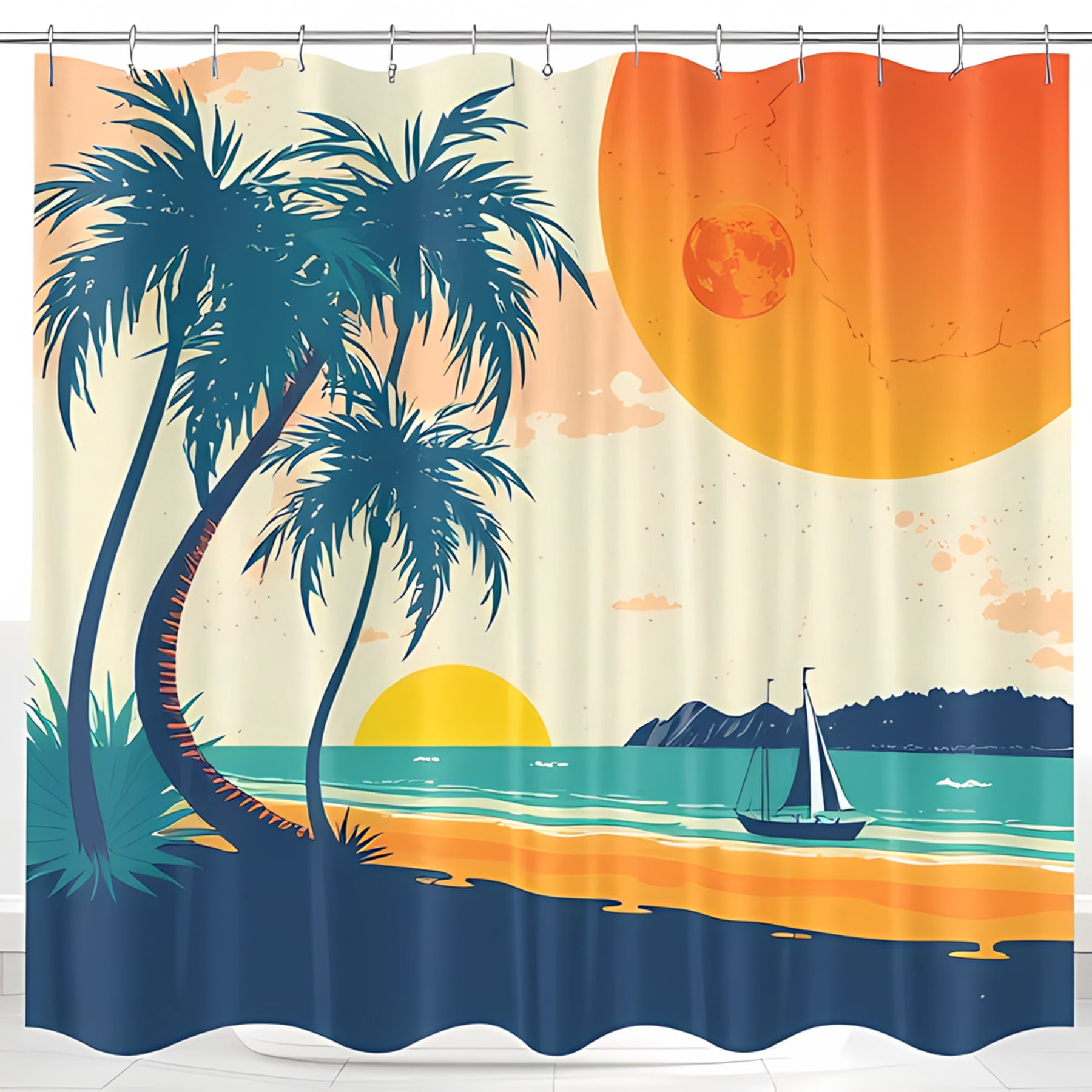 Tropical Paradise Shower Curtain - Serene Beach Scene with Sailboat ...
