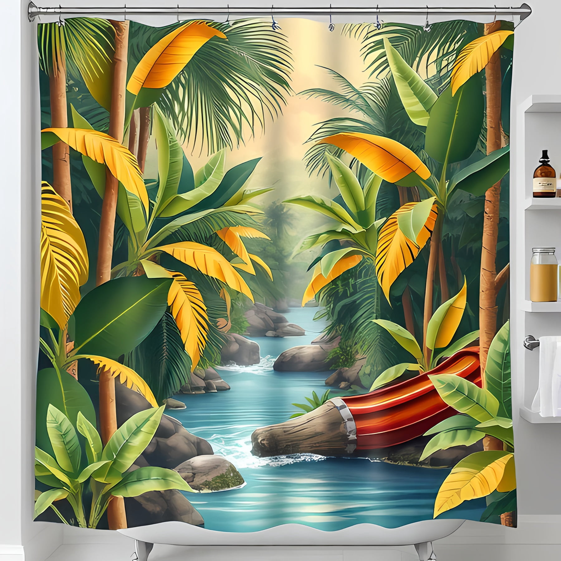 Tropical Paradise Shower Curtain - Vibrant Jungle Scene with Canoe ...
