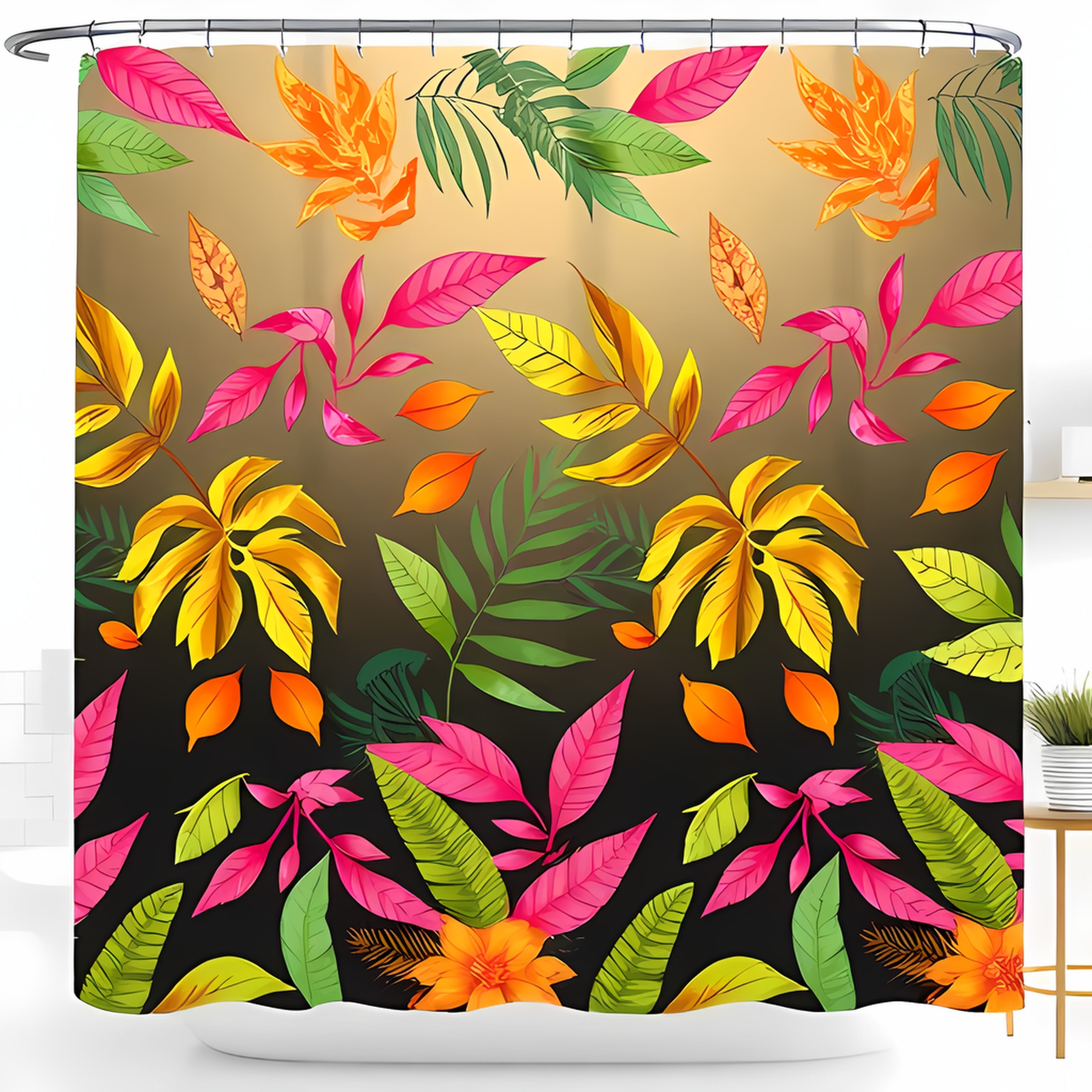 Tropical Paradise Shower Curtain - Vibrant Leaves Design with Gradient ...