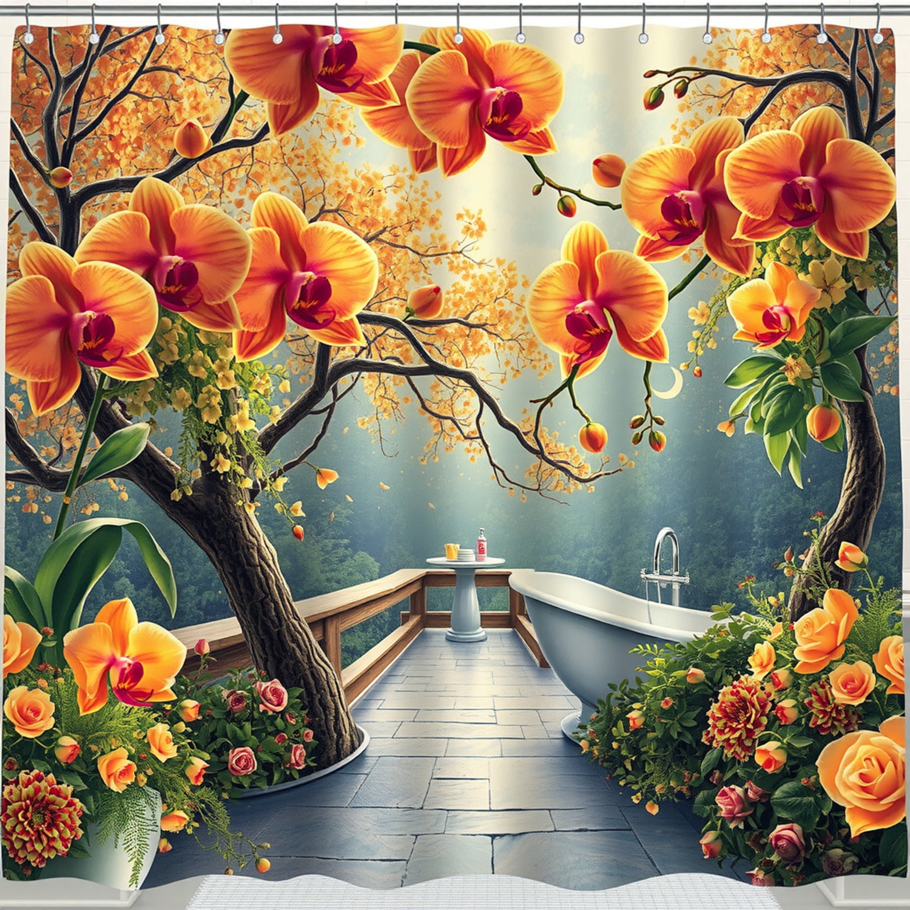 Tropical Paradise Shower Curtain - Vibrant Orchids & Foliage Design for ...
