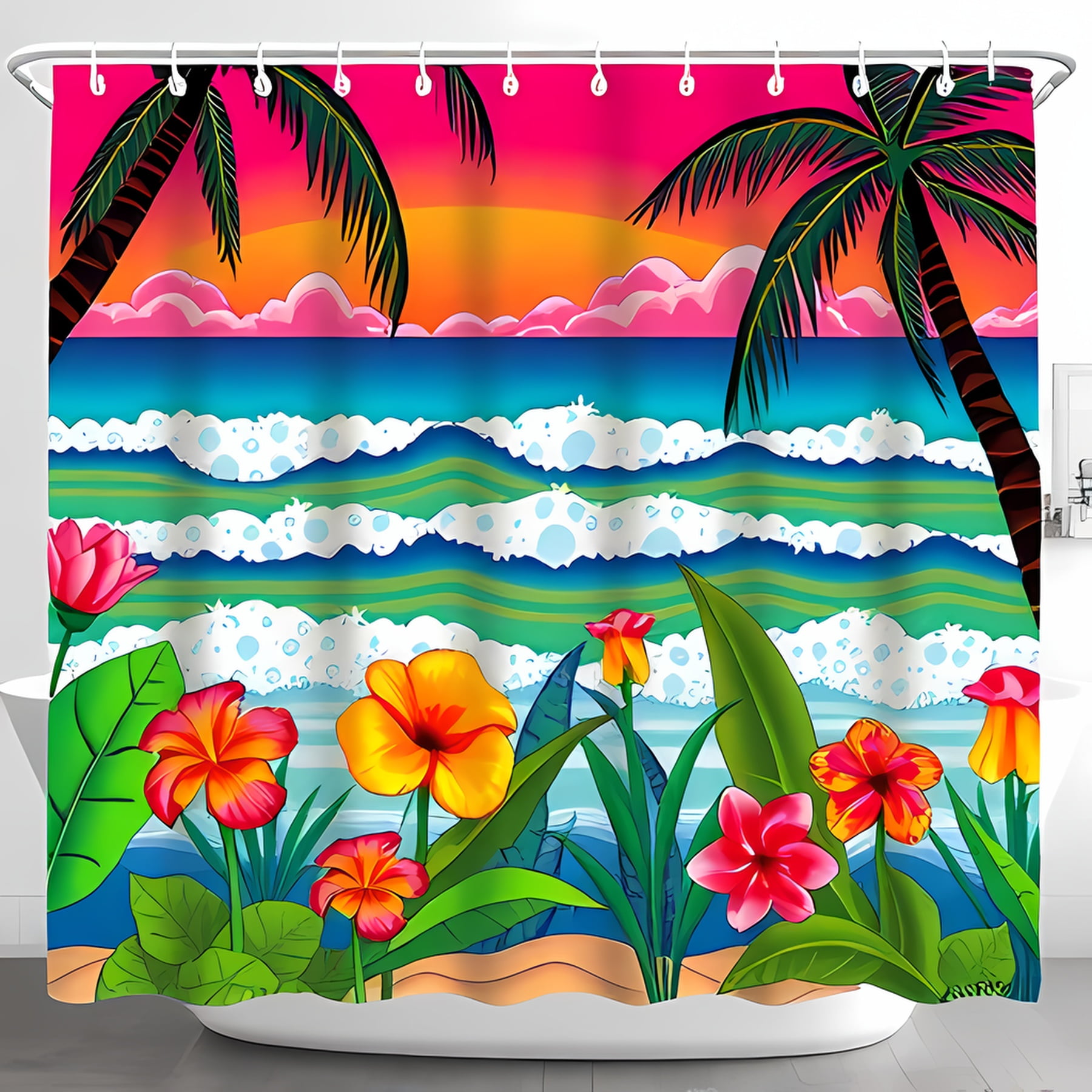 Tropical Paradise Shower Curtain - Vibrant Sunset Trees & Exotic ...