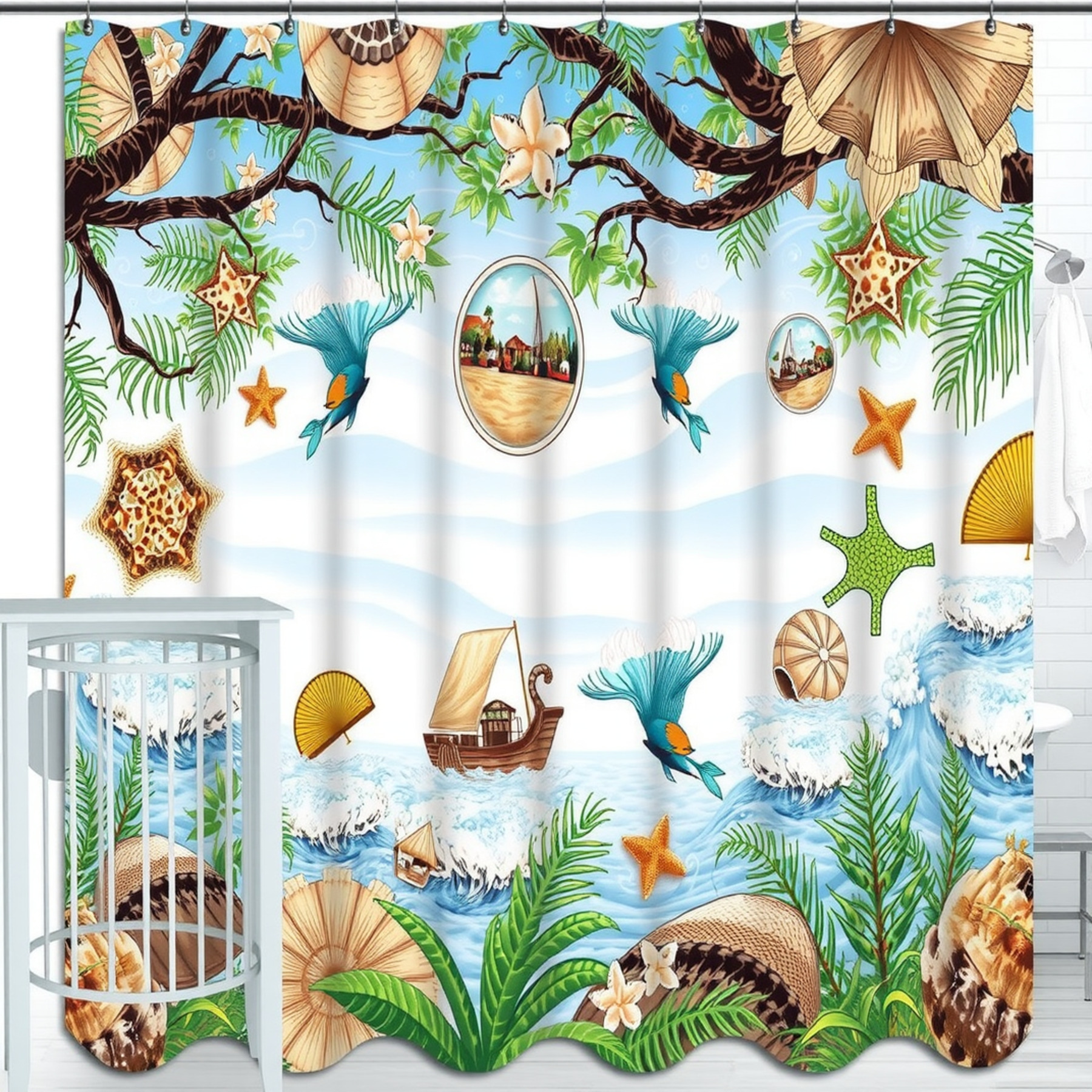 Tropical Paradise Shower Curtain - Whimsical Birds Seashells & Foliage ...