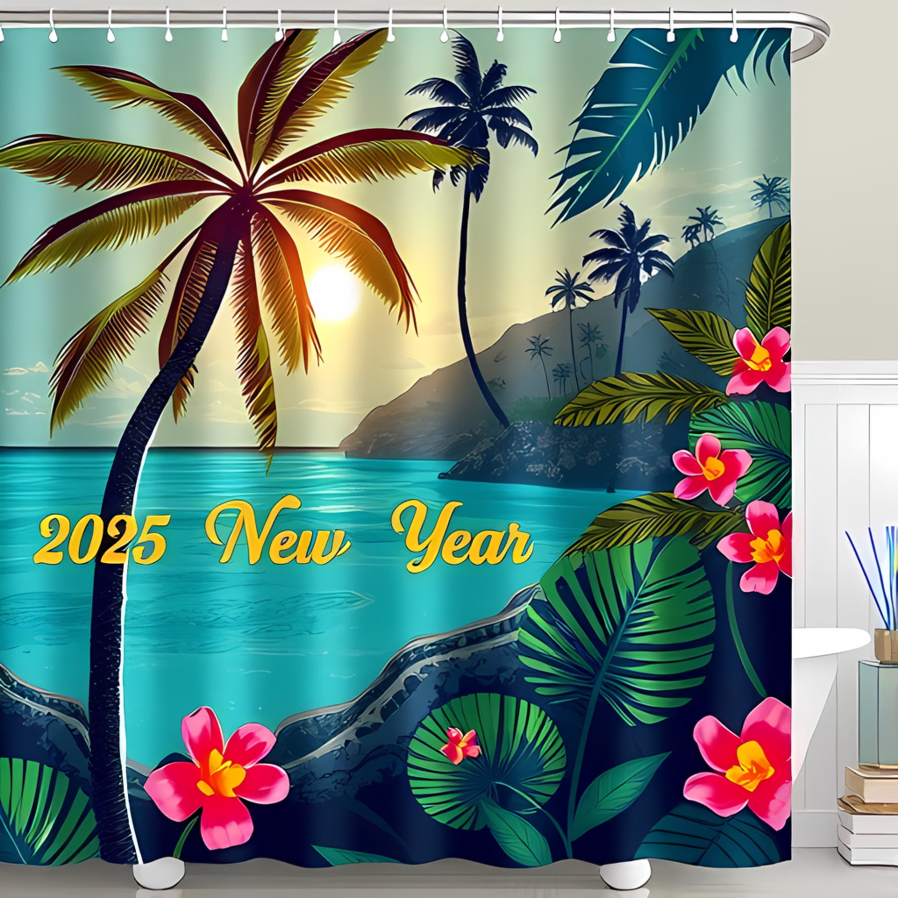 Tropical Paradise Shower Curtain with Sunset Trees & Flowers 2025 New ...