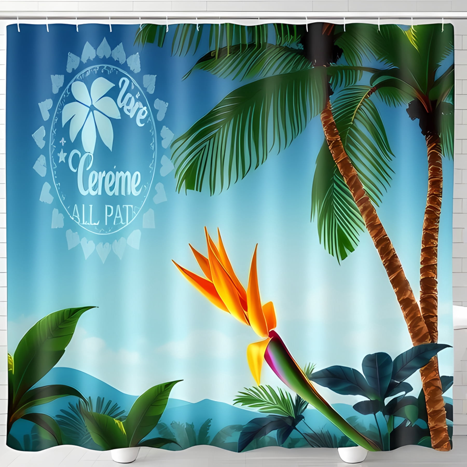 Tropical Paradise Shower Curtain with Trees & Bird of Paradise - Serene ...