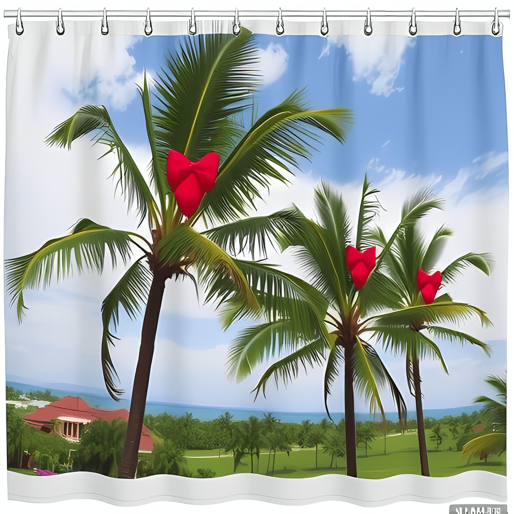 Tropical Paradise Shower Curtain with Trees & Red Bows - Vibrant Ocean ...