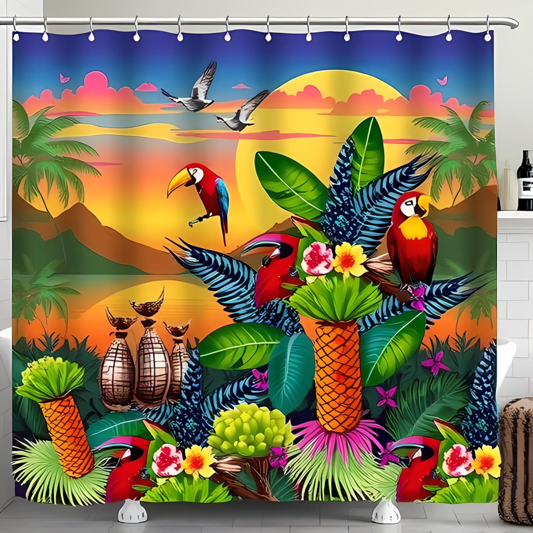 Tropical Paradise Sunset Shower Curtain Vibrant Macaws & Trees Exotic ...