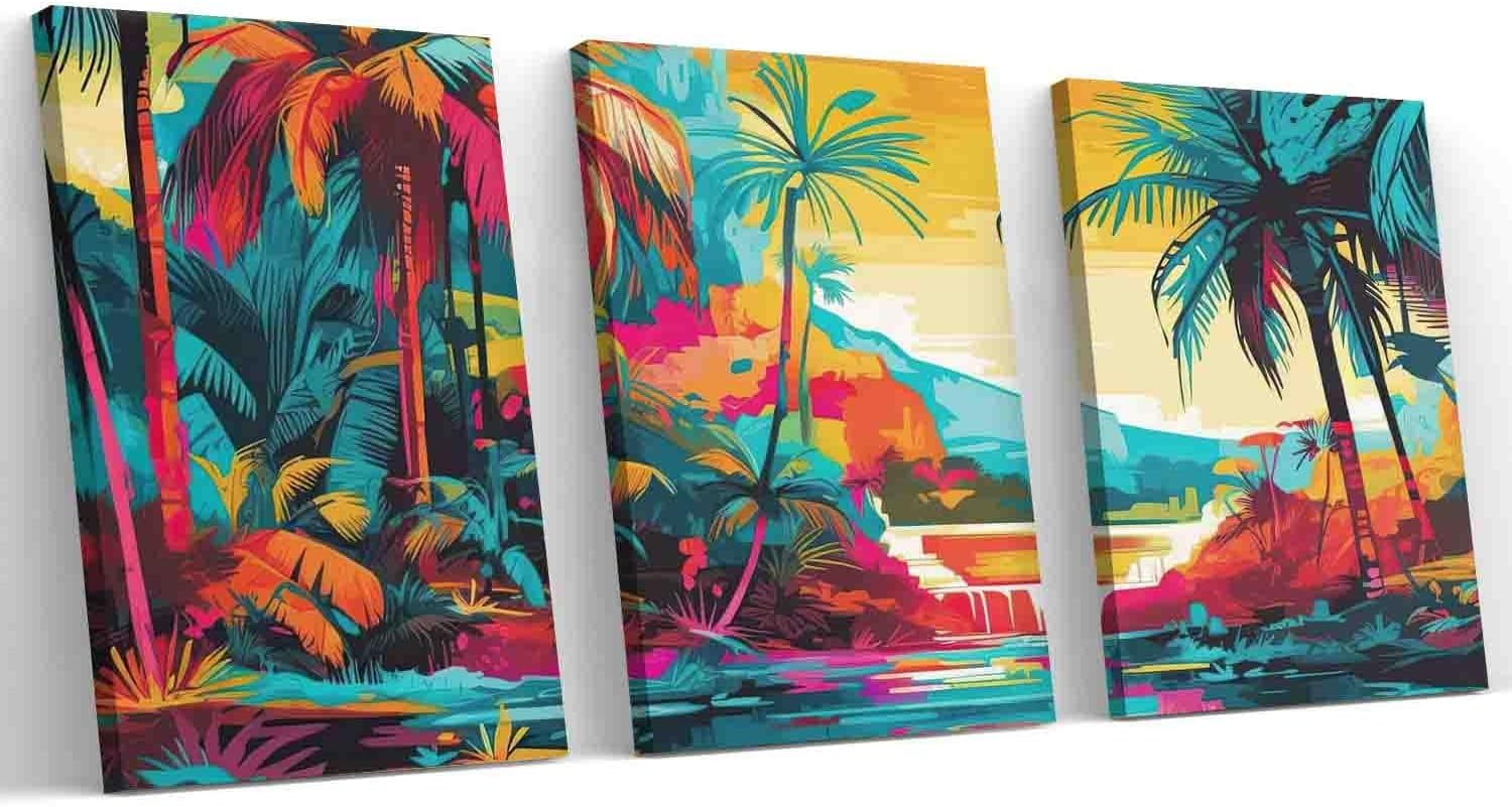 Tropical Paradise Triptych Canvas Art - Palm Tree Wall Decor for Beach ...