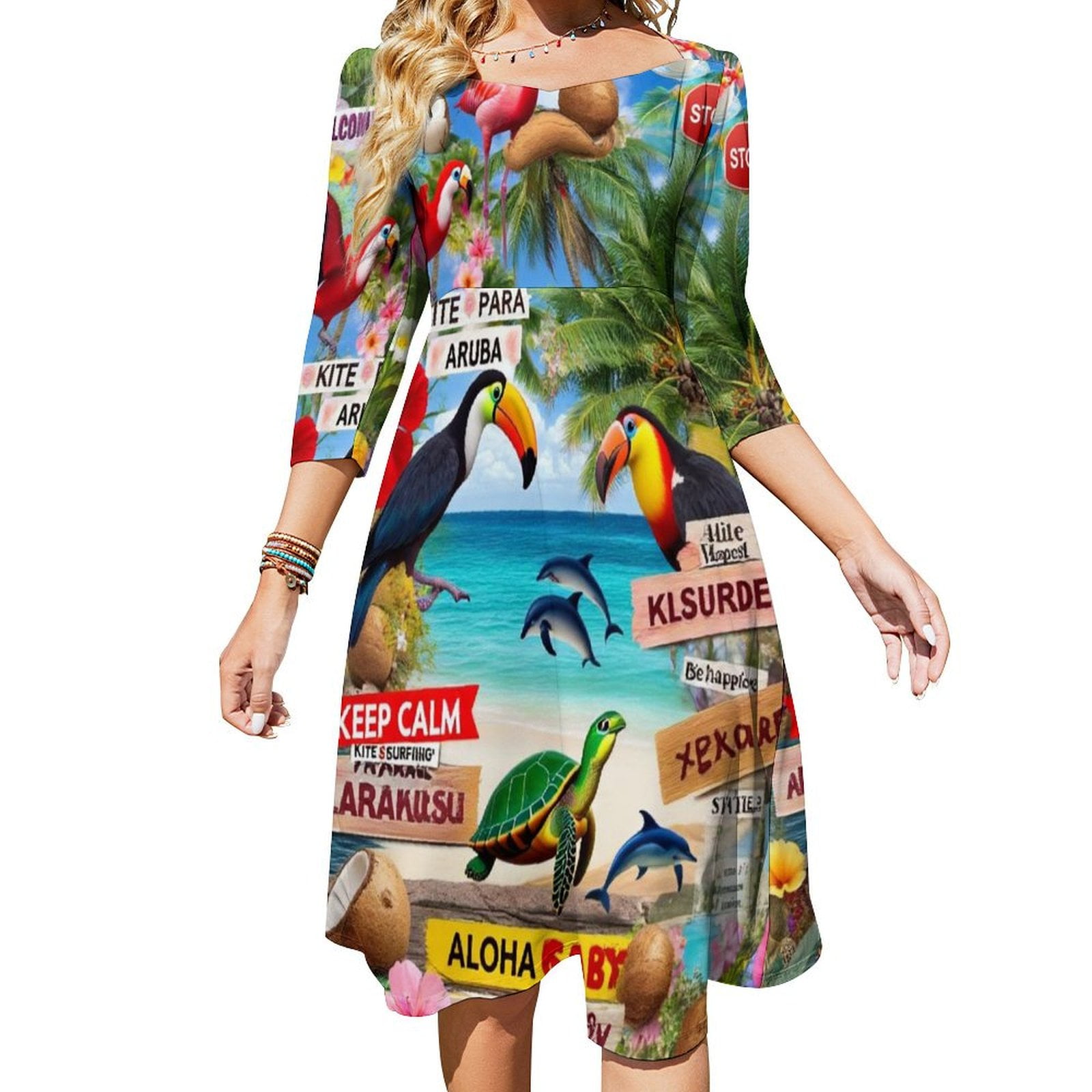 Tropical Paradise Vibrant Collage Women's 3/4 Sleeve Dresses Elegant A ...
