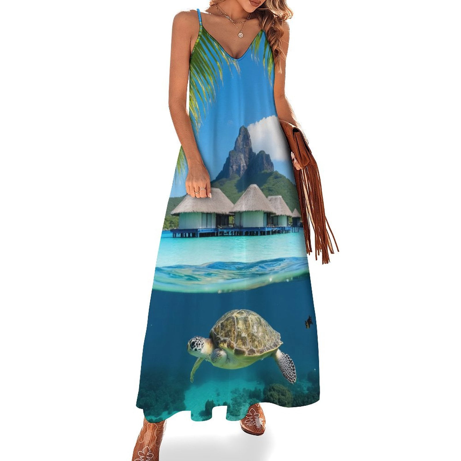 Tropical Paradise with Sea Turtle Sleeveless Dress for Women Clothing ...