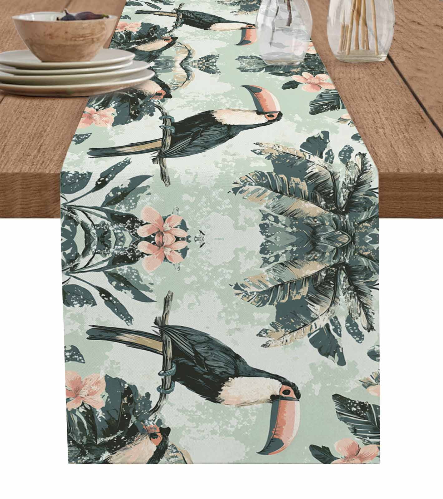 Tropical Parrot Table Runner 70 Inches, Animal Flower Vintage Palm Tree ...
