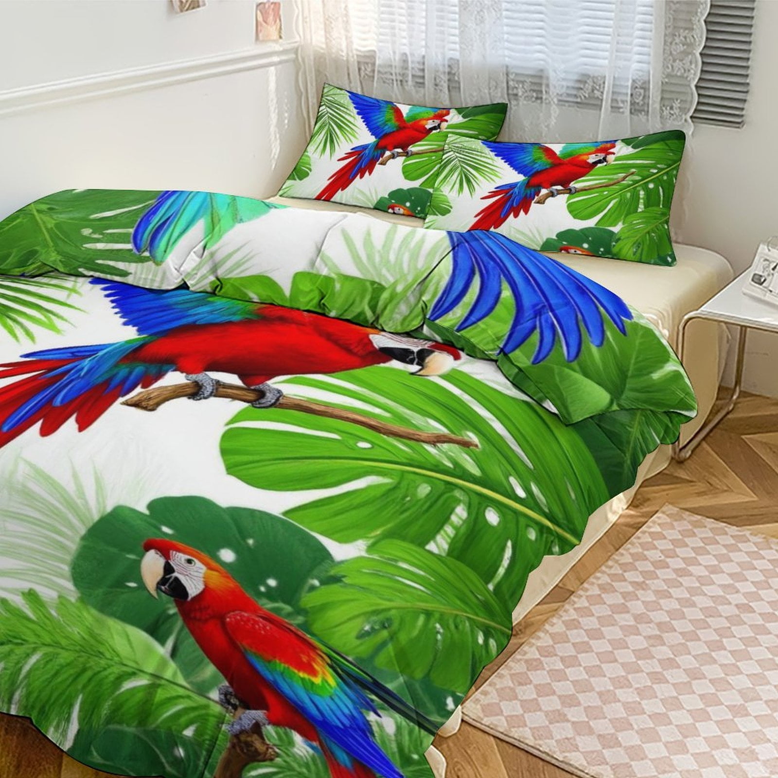 Tropical Parrots Jungle Leaves 102"x90"3 Pcs Soft Bedding Set Includes ...