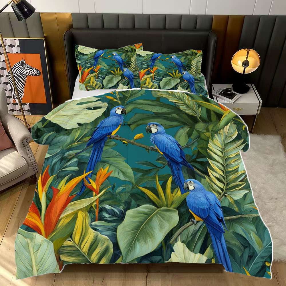Tropical Parrots Lush Green Foliage Comforter Set Queen Size Bedding ...