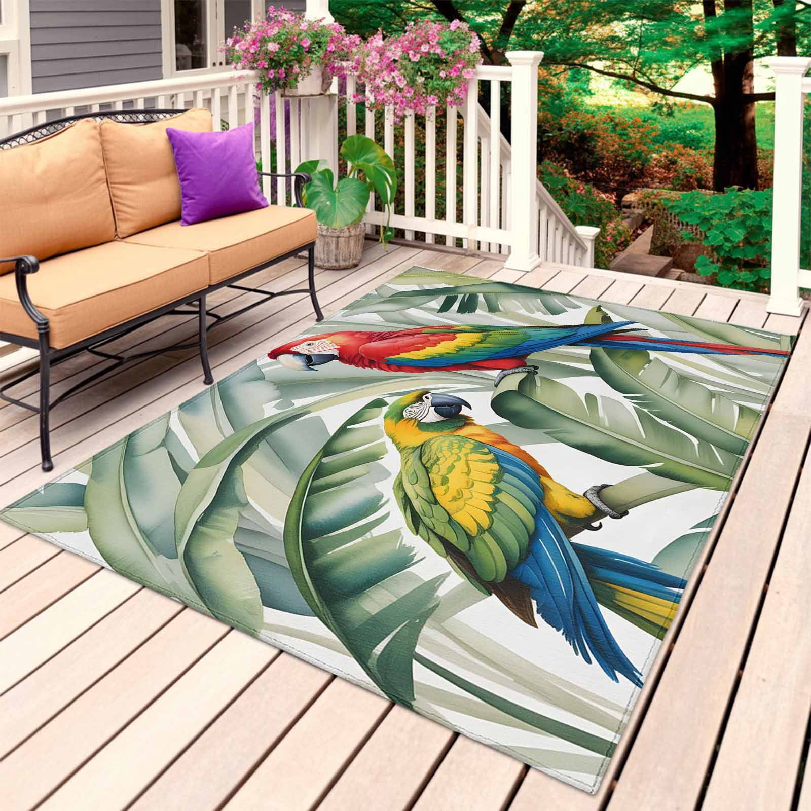 Tropical Parrots Outdoor Rug for Patio/Deck/Porch, Non-Slip Large Area ...