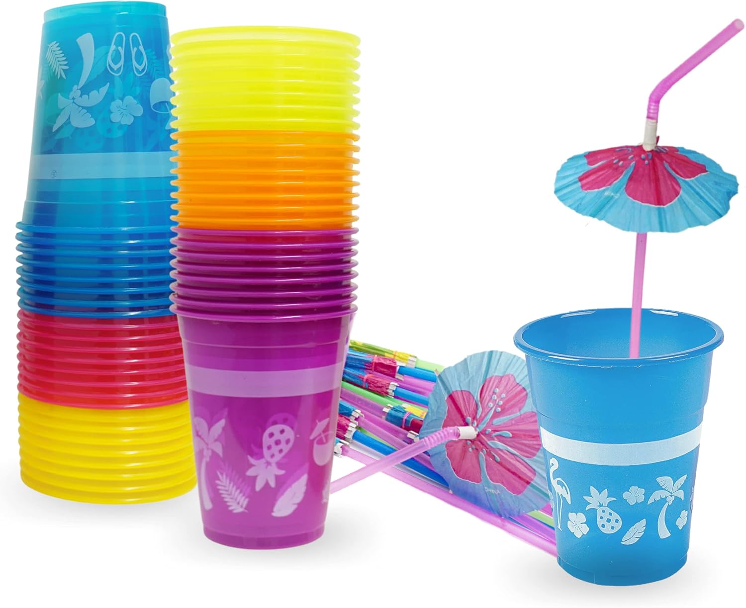 Tropical Party Cups with Parasol Straws - Disposable Plastic Cups 16oz ...