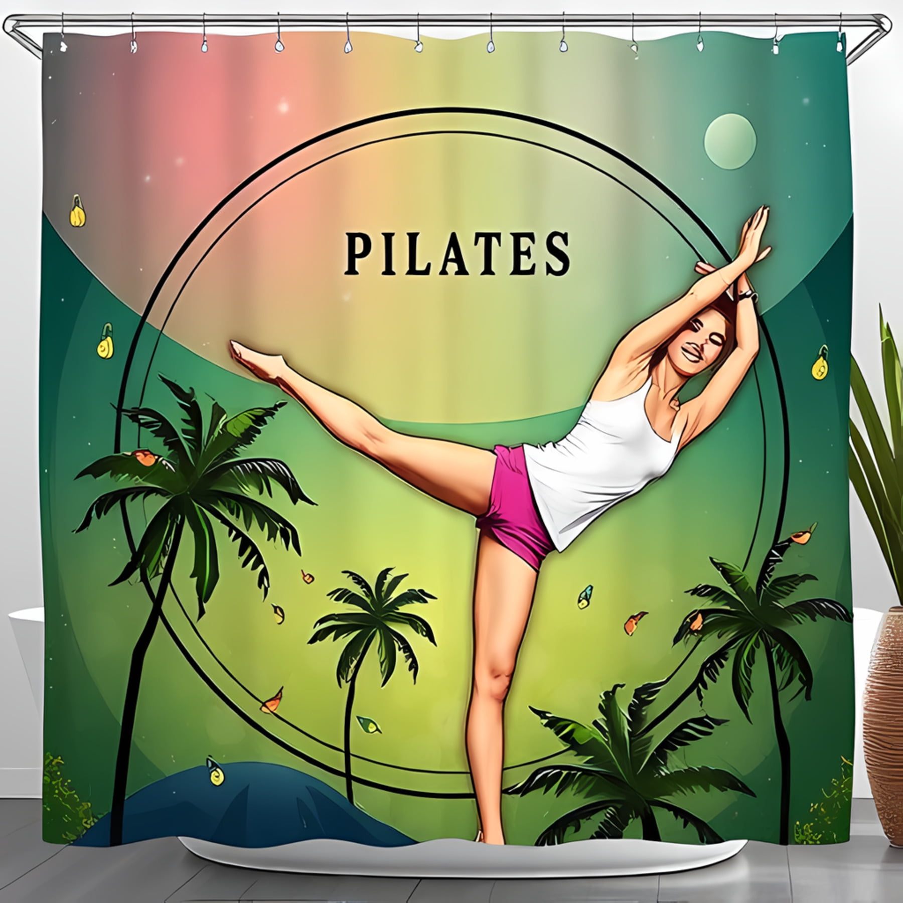 Tropical Pilates Shower Curtain - Vibrant Design with Flexible Woman ...