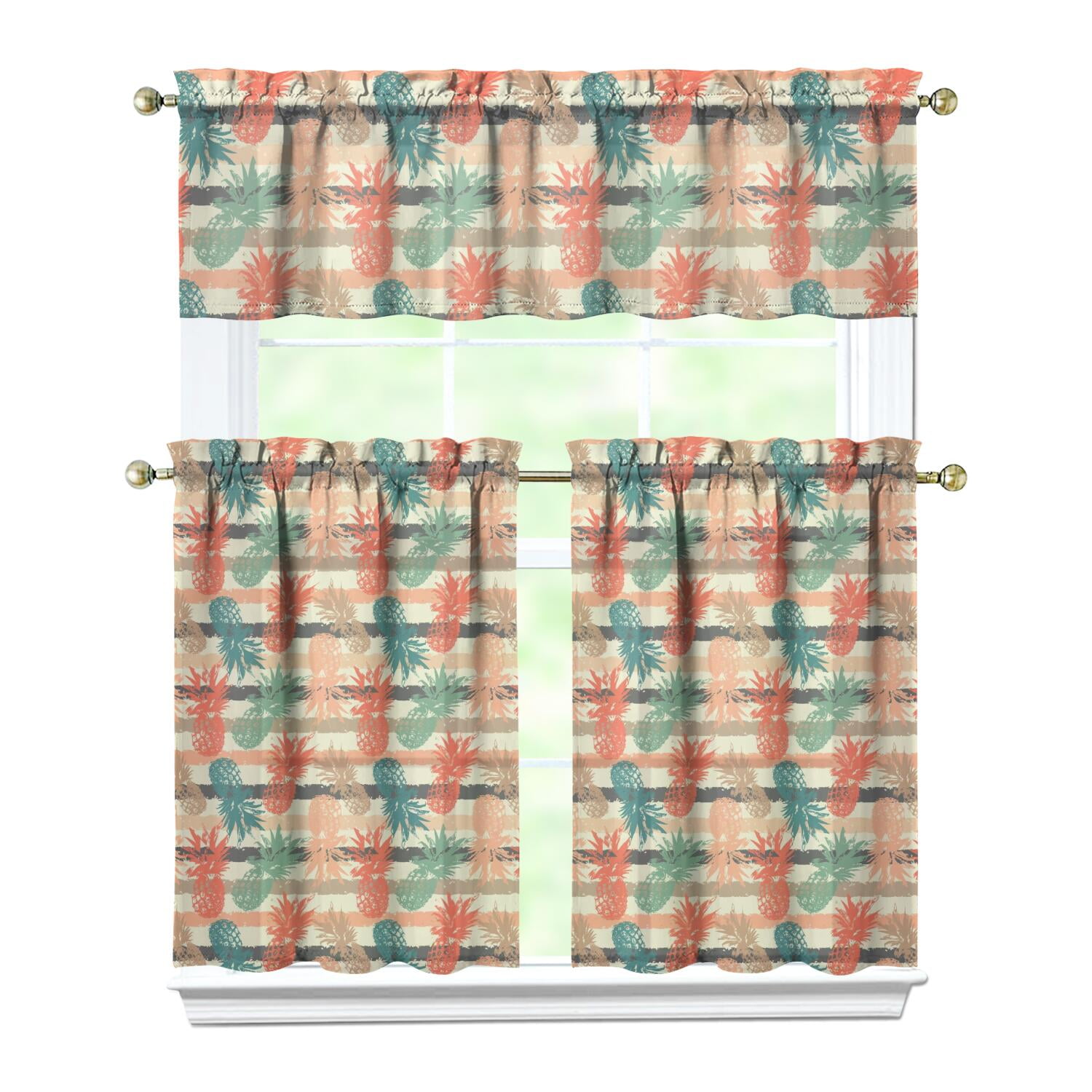Tropical Pineapple Print Kitchen Curtains - Set of 3 with Valance ...