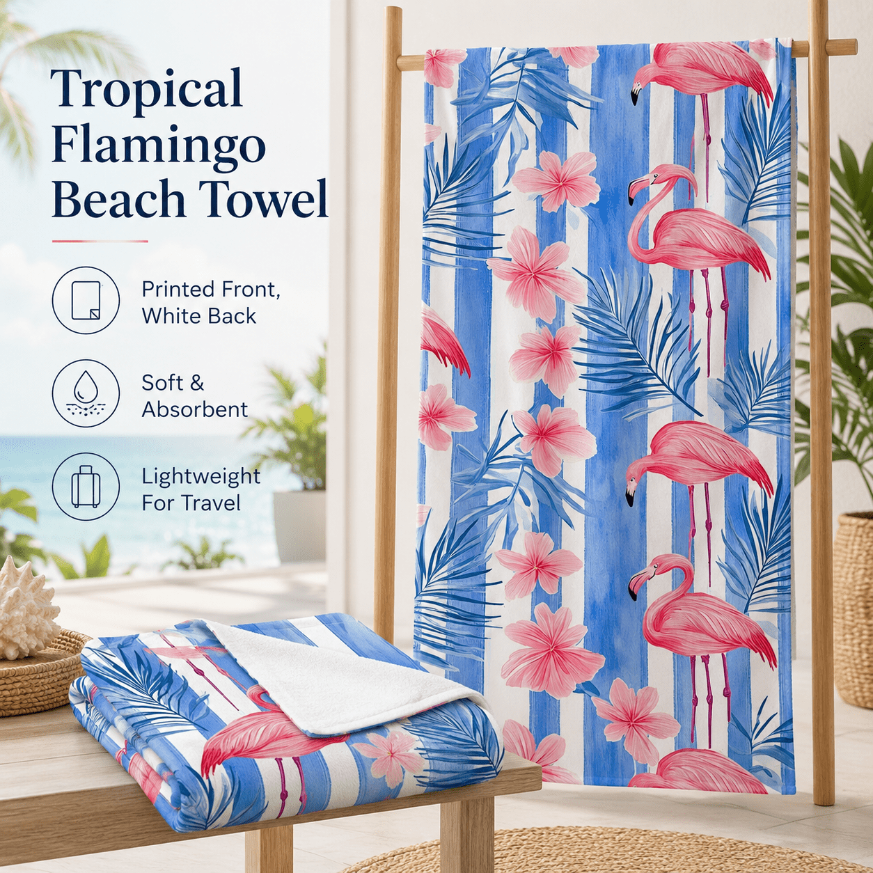 Tropical Pink Flamingo Hibiscus Flower Blue White Striped Leaf ...