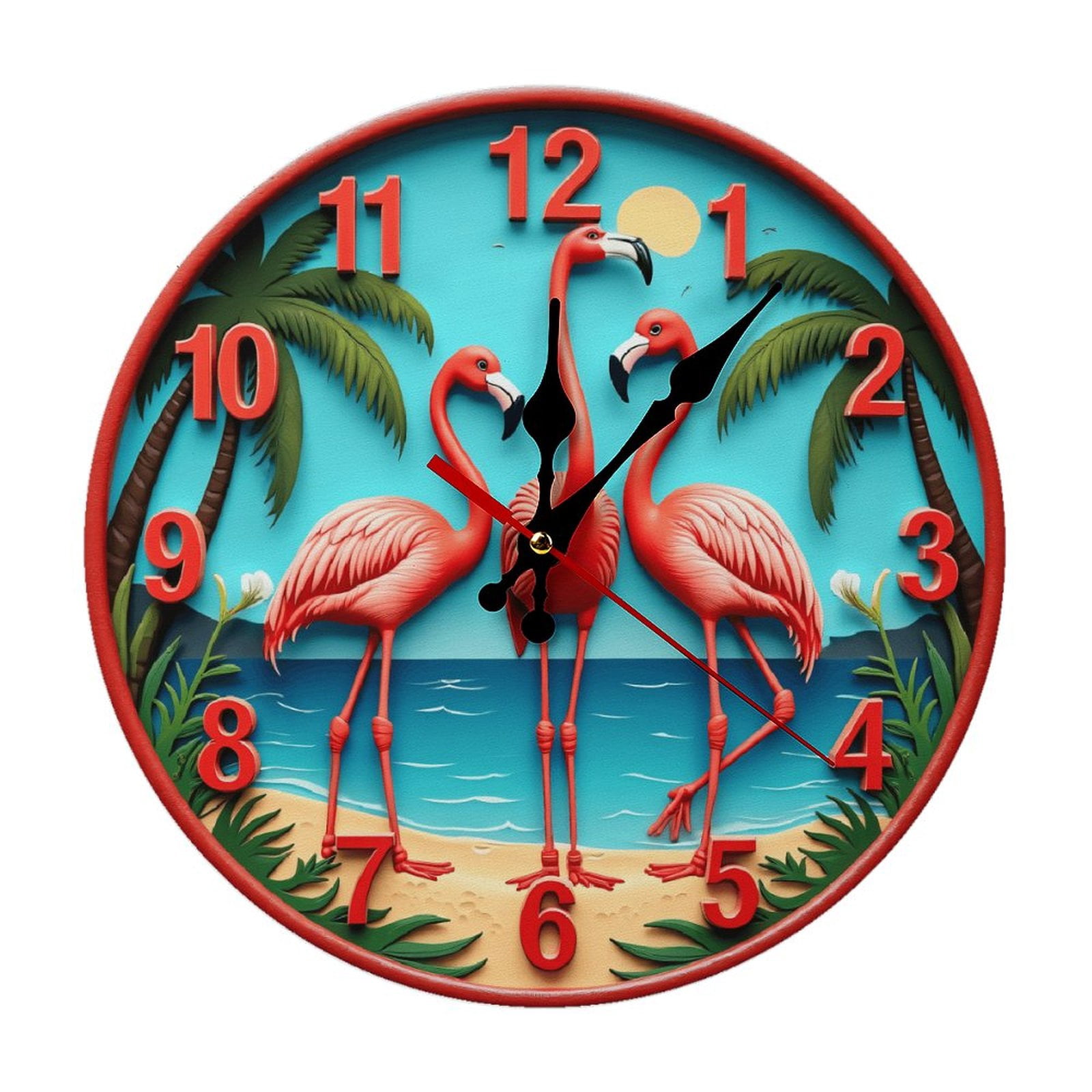 Tropical Pink Flamingos Beach Palm Wall Clock 10 Inch Silent Non ...