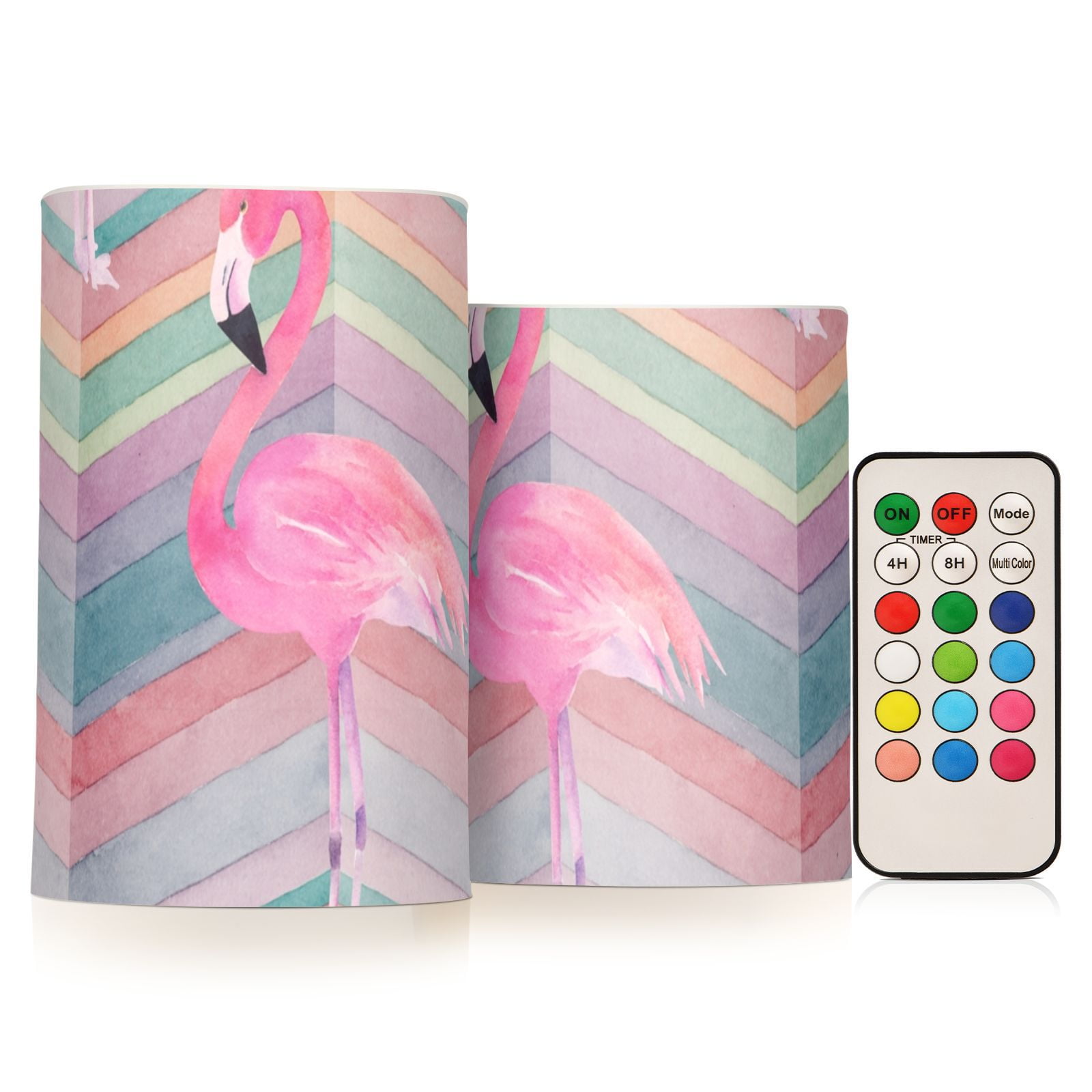 Tropical Pink Flamingos Birds on Colorful Striped 2 PCS LED Flickering ...