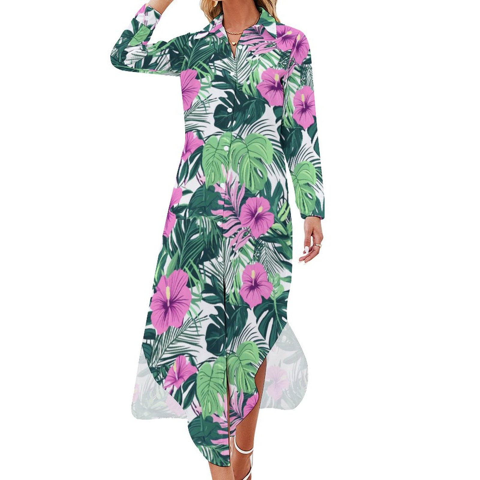 Tropical Pink Floral Green Leaves Palm Pattern Women's Maxi T Shirt ...