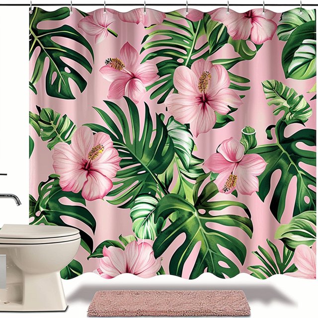Tropical Pink Green Floral Shower Curtain Set With Monstera Leaves And