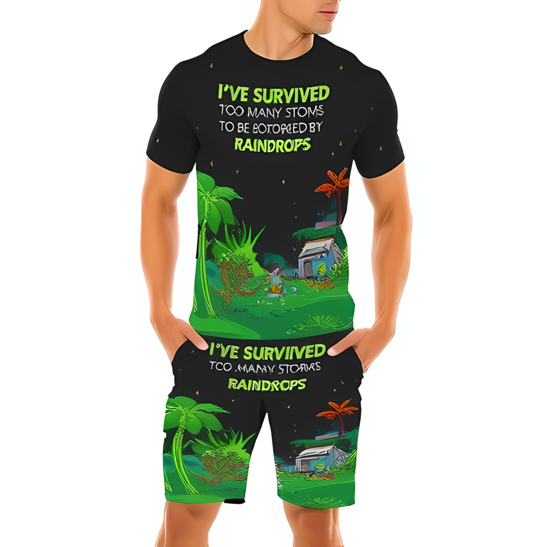 Tropical Pixelated T-Shirt & Shorts Set - Black Base with Trees & House ...