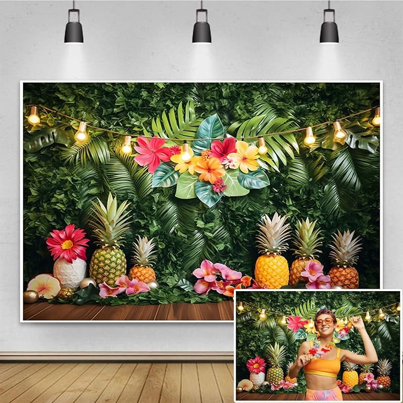 Tropical Plant Backdrop Palm Leaf Wall Hibiscus Flowers Pineapple Fruit ...