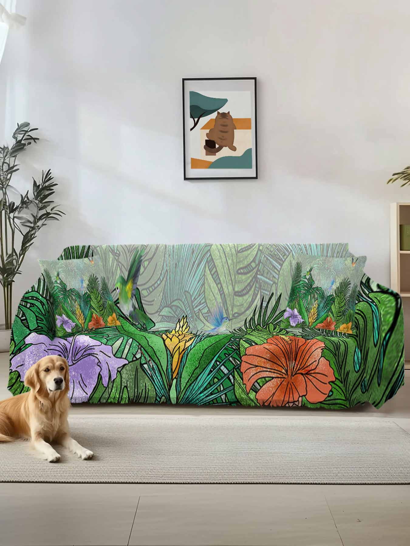 Tropical Plant Colorful Floral Couch Cover for 2 Cushion Sofa, Fern ...