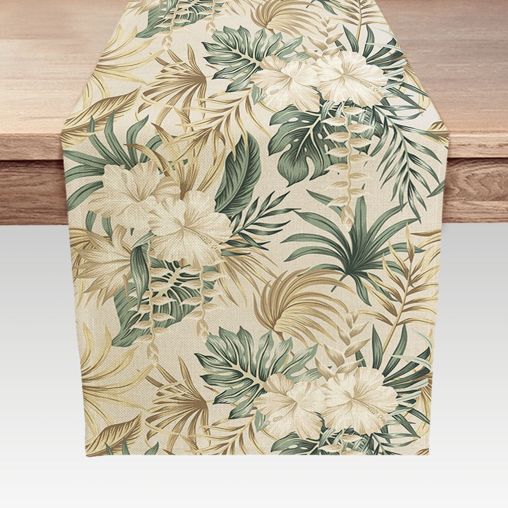 Tropical Plant Flower Table Runner, Sage Green Palm Leaves Table ...