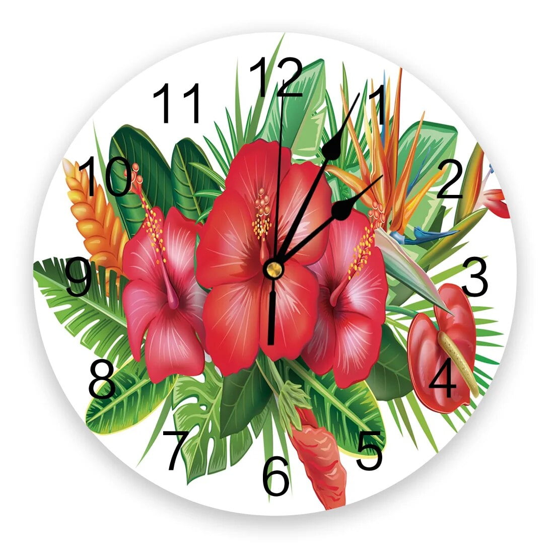 Tropical Plant Flowers Leaves PVC Wall Clock Modern Design Living Room ...