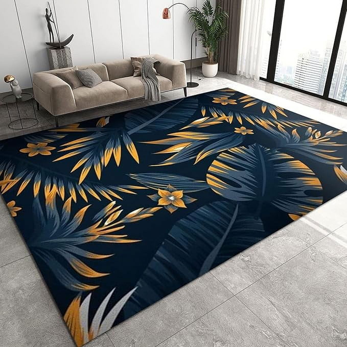 Tropical Plant Forest Leaves Area Rug, Luxury Modern Golden Gradient ...